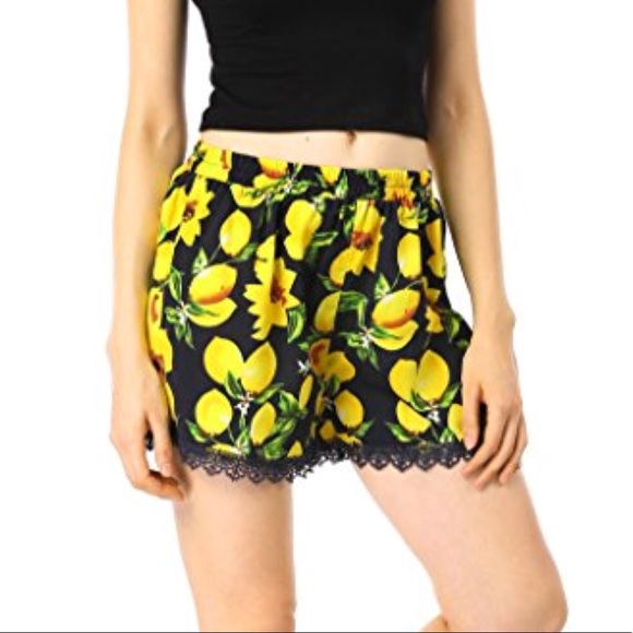 Boutique | Shorts | Lemon Print Black Lace Trim Perfect Summer Shorts ...